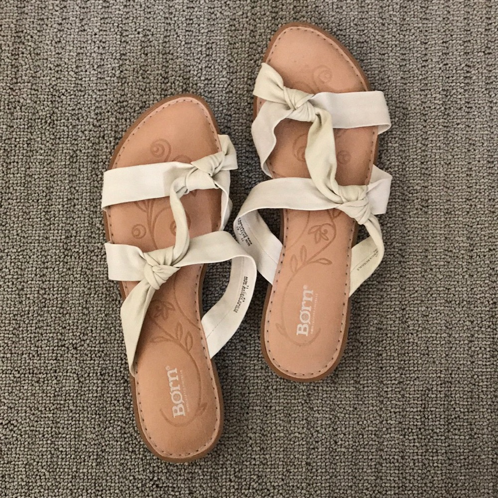 Cream Born Leather Sandals Slides - Gem